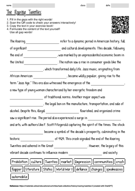 Worksheet with the topic "The Roaring Twenties" | MATERIALS.SCHOOL