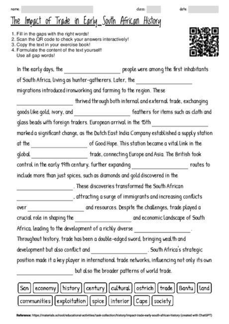 Worksheet with the topic "The Impact of Trade in Early South African ...