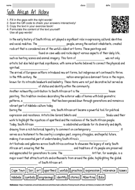Worksheet with the topic "South African Art History" | MATERIALS.SCHOOL