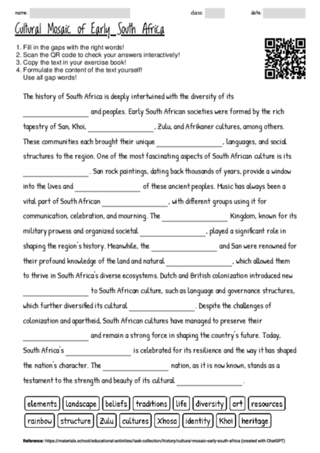 Worksheet with the topic "Cultural Mosaic of Early South Africa ...
