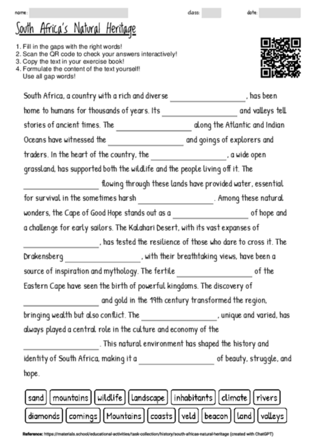 Worksheet with the topic "South Africa's Natural Heritage" | MATERIALS ...