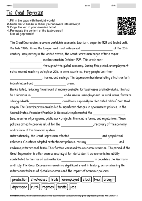 Worksheet with the topic "The Great Depression" | MATERIALS.SCHOOL
