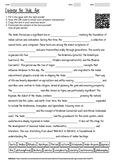 Worksheet with the topic "Exploring the Vedic Age" | MATERIALS.SCHOOL