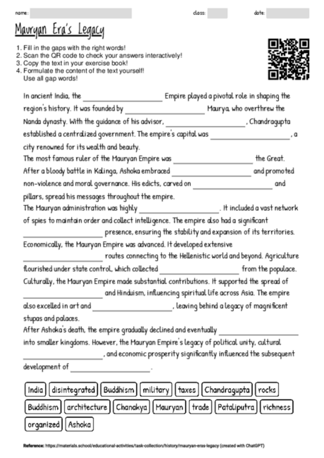 Worksheet with the topic "Mauryan Era's Legacy" | MATERIALS.SCHOOL