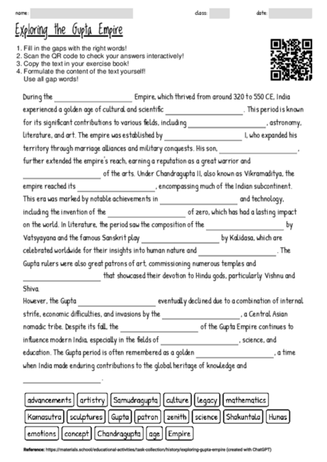 Worksheet with the topic "Exploring the Gupta Empire" | MATERIALS.SCHOOL
