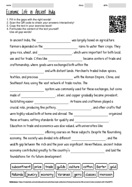 Worksheet with the topic "Economic Life in Ancient India" | MATERIALS ...