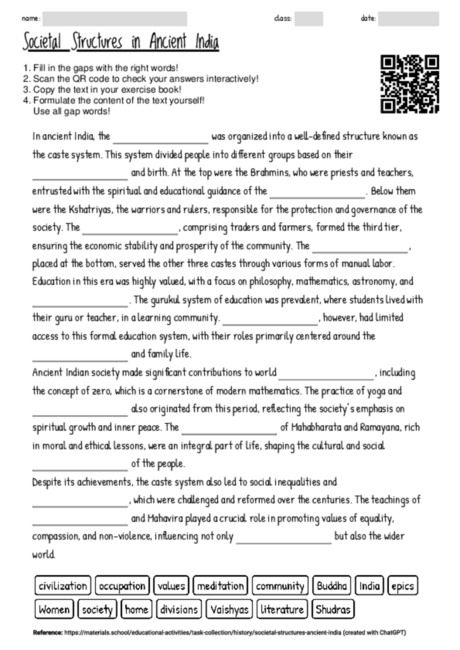 Worksheet with the topic "Societal Structures in Ancient India ...