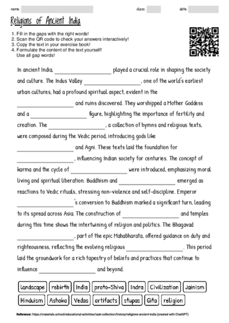 Worksheet with the topic "Religions of Ancient India" | MATERIALS.SCHOOL