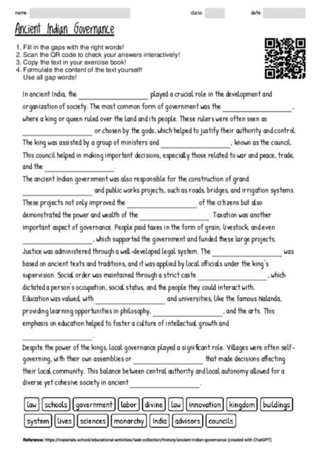 Worksheet with the topic "Ancient Indian Governance" | MATERIALS.SCHOOL