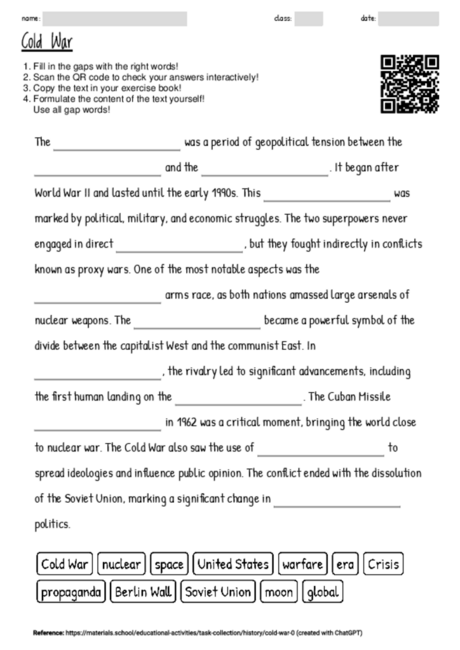 Worksheet with the topic "Cold War" | MATERIALS.SCHOOL