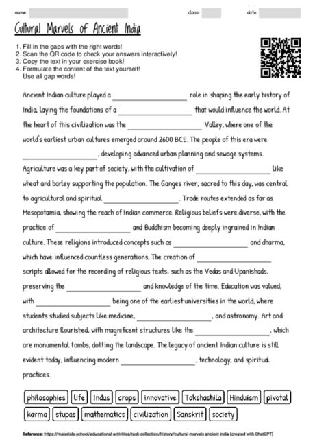 Worksheet with the topic "Cultural Marvels of Ancient India ...