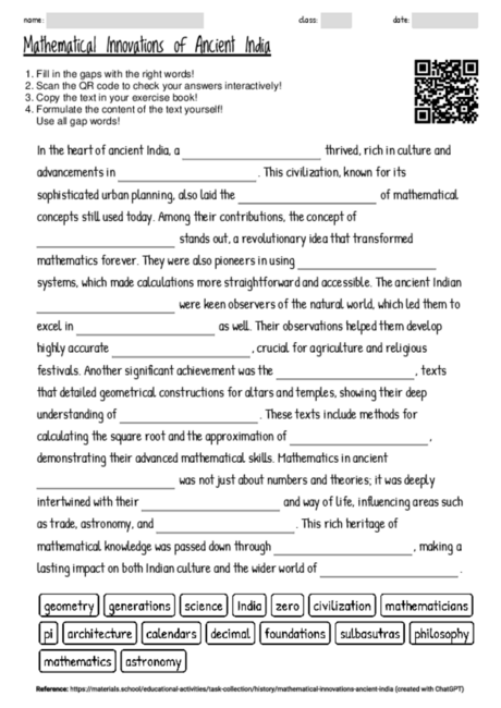 Worksheet with the topic "Mathematical Innovations of Ancient India ...