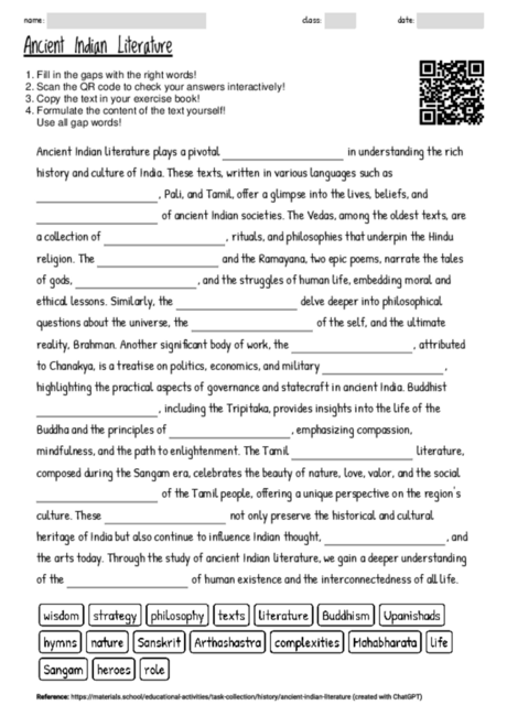 Worksheet with the topic "Ancient Indian Literature" | MATERIALS.SCHOOL