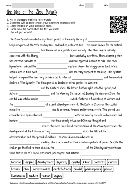 Worksheet with the topic "The Rise of the Zhou Dynasty" | MATERIALS.SCHOOL