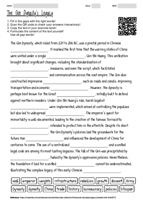 Worksheet with the topic "The Qin Dynasty's Legacy" | MATERIALS.SCHOOL