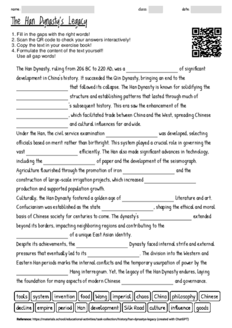 Worksheet with the topic "The Han Dynasty's Legacy" | MATERIALS.SCHOOL