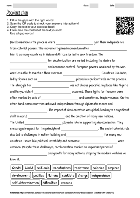 Worksheet with the topic "Decolonization" | MATERIALS.SCHOOL