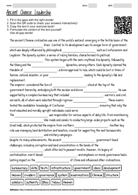 Worksheet with the topic "Ancient Chinese Leadership" | MATERIALS.SCHOOL