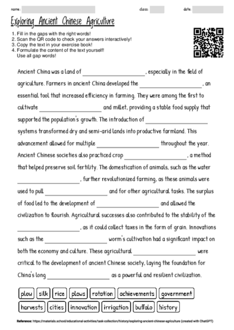 Worksheet with the topic "Exploring Ancient Chinese Agriculture ...