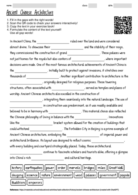 Worksheet with the topic "Ancient Chinese Architecture" | MATERIALS.SCHOOL