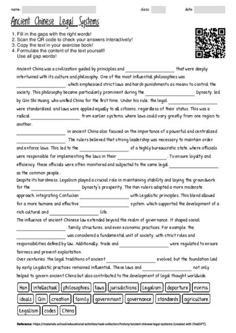 Worksheet with the topic "Ancient Chinese Legal Systems" | MATERIALS.SCHOOL