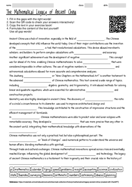 Worksheet with the topic "The Mathematical Legacy of Ancient China ...
