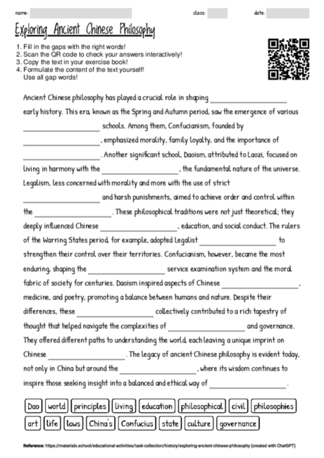 Worksheet with the topic "Exploring Ancient Chinese Philosophy ...