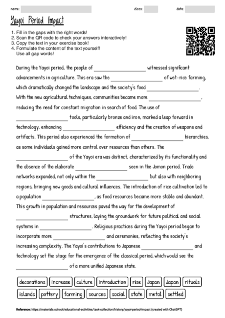 Worksheet with the topic "Yayoi Period Impact" | MATERIALS.SCHOOL
