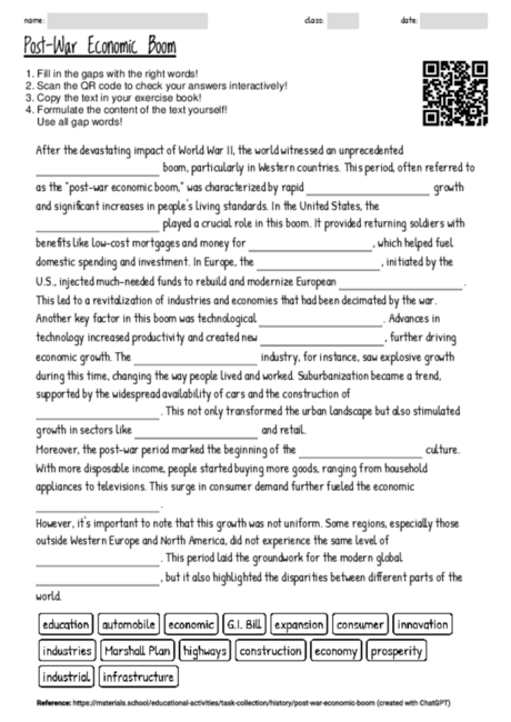 Worksheet with the topic "Post-War Economic Boom" | MATERIALS.SCHOOL