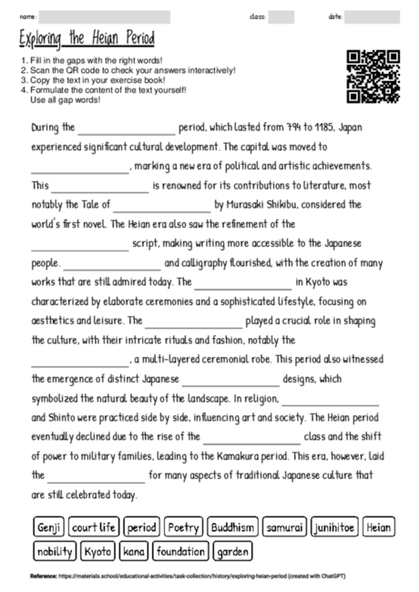 Worksheet with the topic "Exploring the Heian Period" | MATERIALS.SCHOOL
