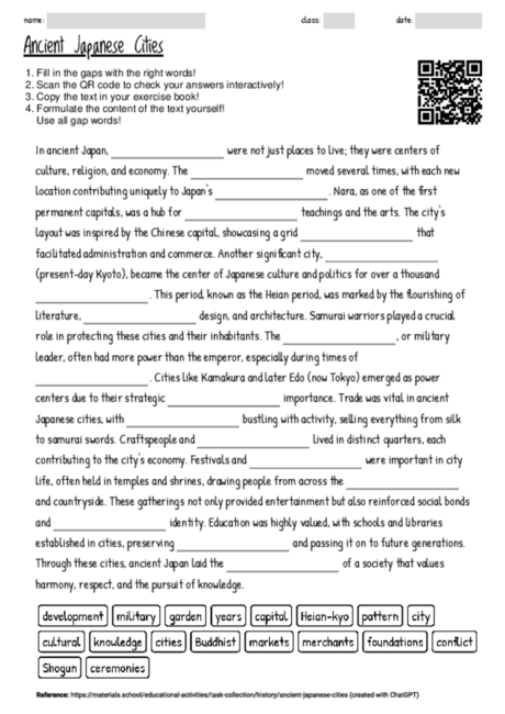 Worksheet with the topic "Ancient Japanese Cities" | MATERIALS.SCHOOL
