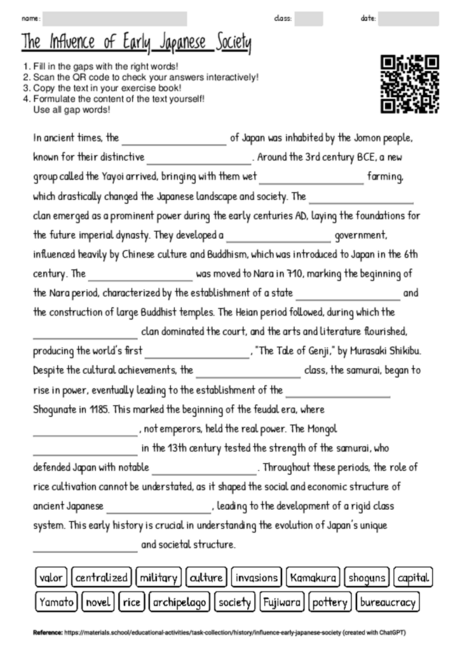 Worksheet with the topic "The Influence of Early Japanese Society ...