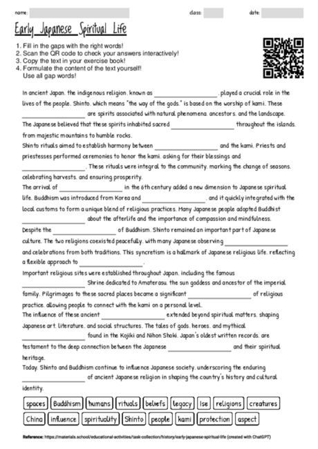 Worksheet with the topic "Early Japanese Spiritual Life" | MATERIALS.SCHOOL