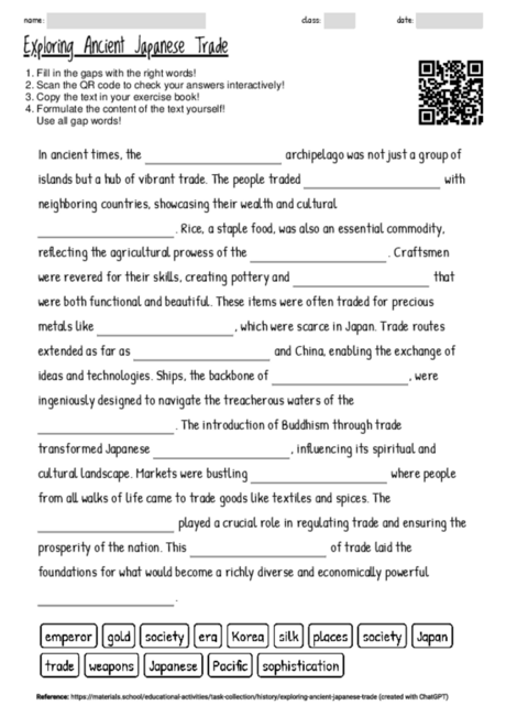 Worksheet with the topic "Exploring Ancient Japanese Trade" | MATERIALS ...