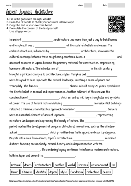 Worksheet with the topic "Ancient Japanese Architecture" | MATERIALS.SCHOOL