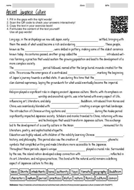 Worksheet with the topic "Ancient Japanese Culture" | MATERIALS.SCHOOL