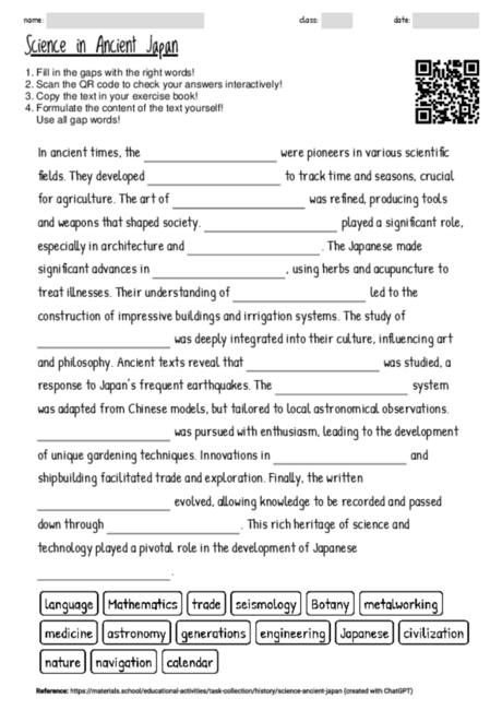 Worksheet with the topic "Science in Ancient Japan" | MATERIALS.SCHOOL
