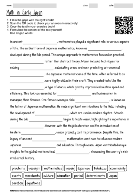 Worksheet with the topic "Math in Early Japan" | MATERIALS.SCHOOL