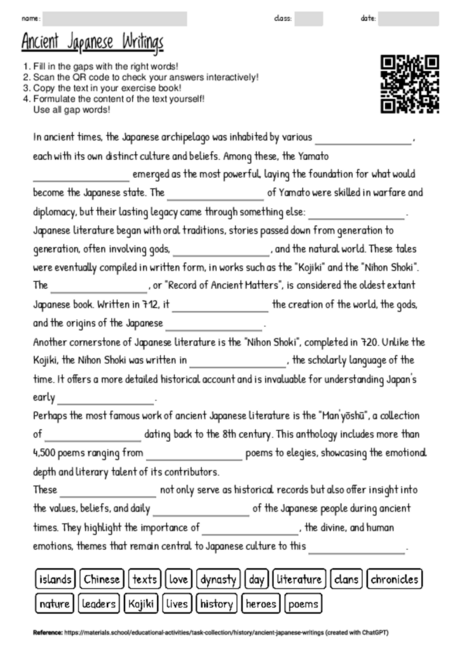 Worksheet with the topic "Ancient Japanese Writings" | MATERIALS.SCHOOL