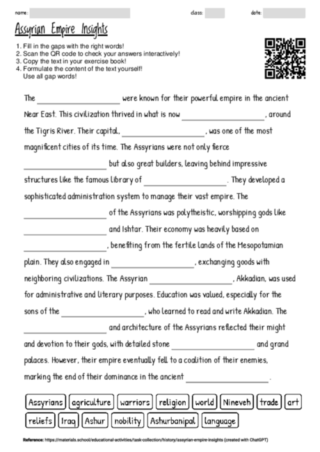Worksheet with the topic "Assyrian Empire Insights" | MATERIALS.SCHOOL