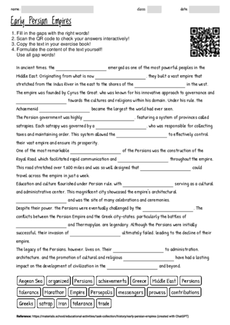 Worksheet with the topic "Early Persian Empires" | MATERIALS.SCHOOL