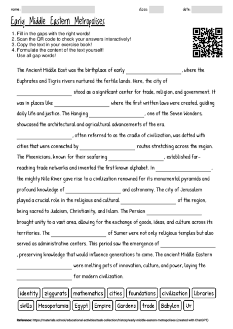 Worksheet with the topic "Early Middle Eastern Metropolises ...