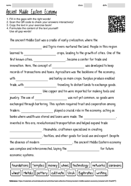 Worksheet with the topic "Ancient Middle Eastern Economy" | MATERIALS ...