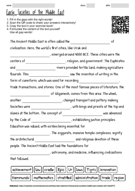 Worksheet with the topic "Early Societies of the Middle East ...