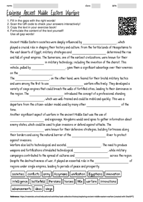 Worksheet with the topic "Exploring Ancient Middle Eastern Warfare ...