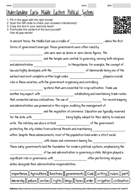 Worksheet with the topic "Understanding Early Middle Eastern Political ...