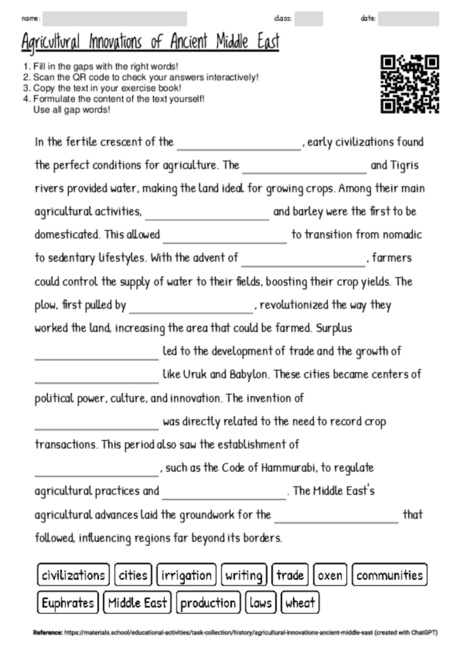 Worksheet with the topic "Agricultural Innovations of Ancient Middle ...