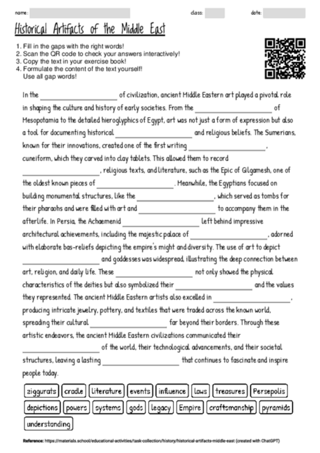 Worksheet with the topic "Historical Artifacts of the Middle East ...