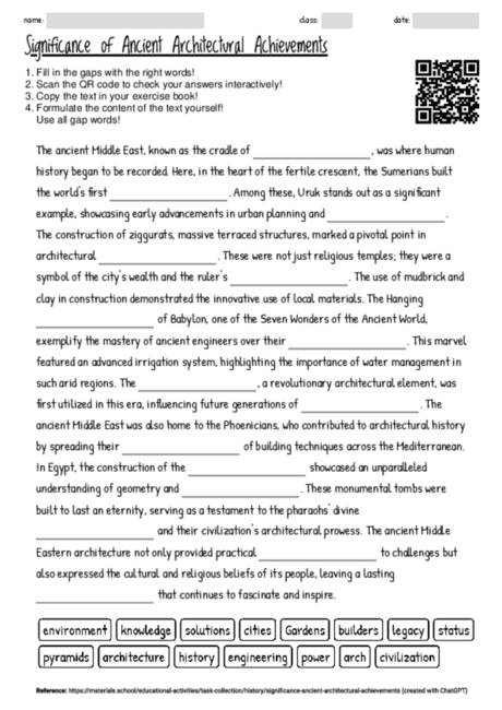 Worksheet with the topic "Significance of Ancient Architectural ...