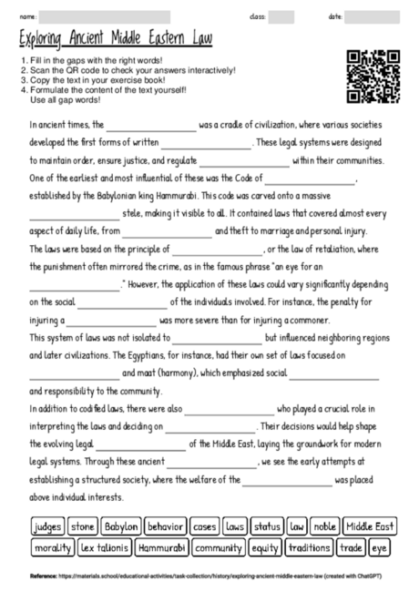 Worksheet with the topic "Exploring Ancient Middle Eastern Law ...